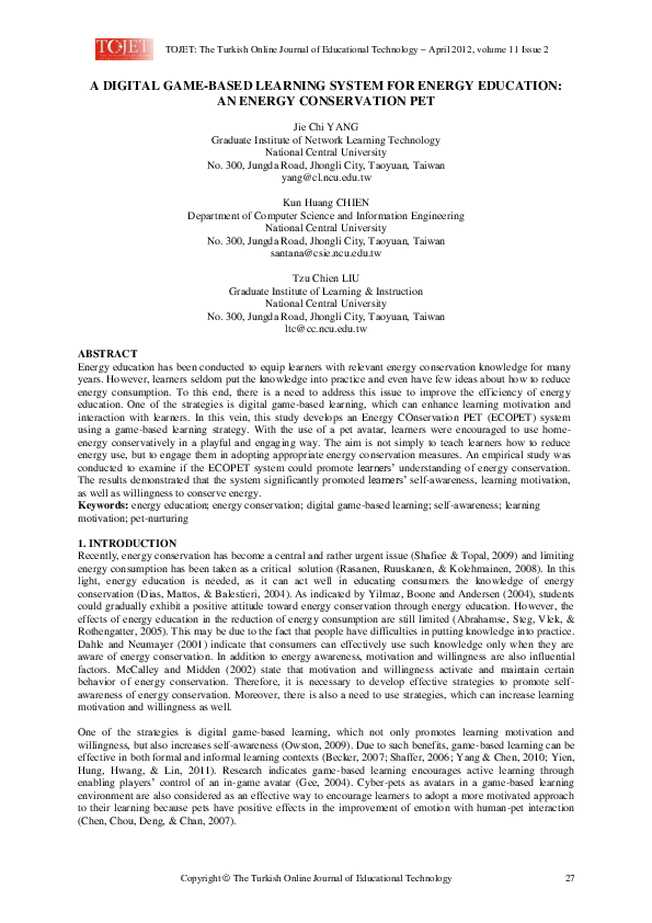 (PDF) A digital game-based learning system for energy education: An energy conservation pet