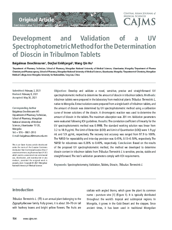 Pdf Development And Validation Of A Uv Spectrophotometric Method For The Determination Of
