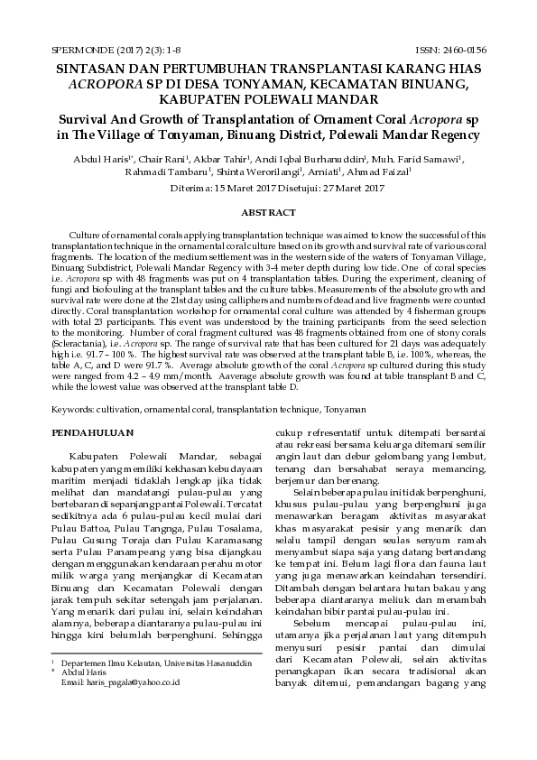 (PDF) Sintasan Dan Pertumbuhan Transplantasi Karang Hias Acropora SP DI ...