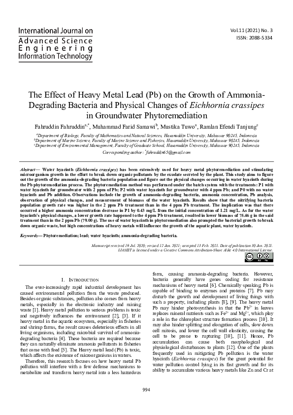 (PDF) The Effect of Heavy Metal Lead (Pb) on the Growth of Ammonia ...