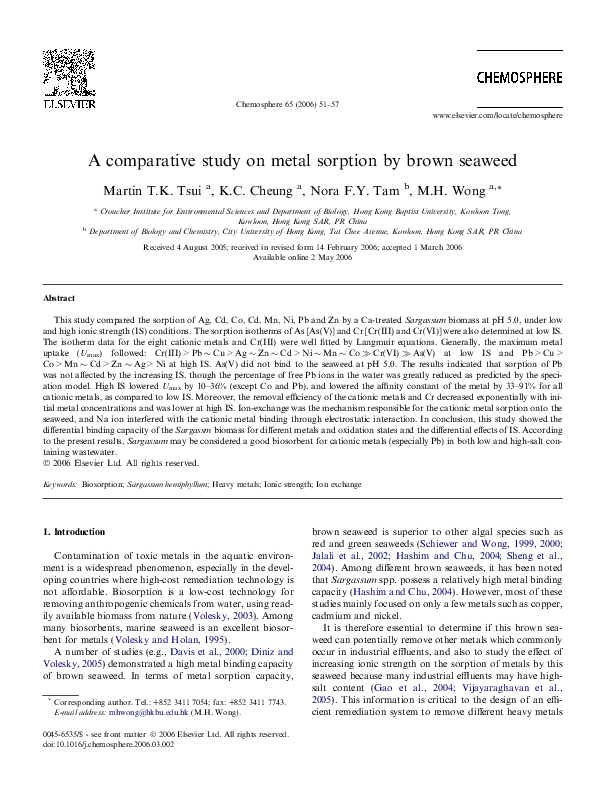 (PDF) A comparative study on metal sorption by brown seaweed
