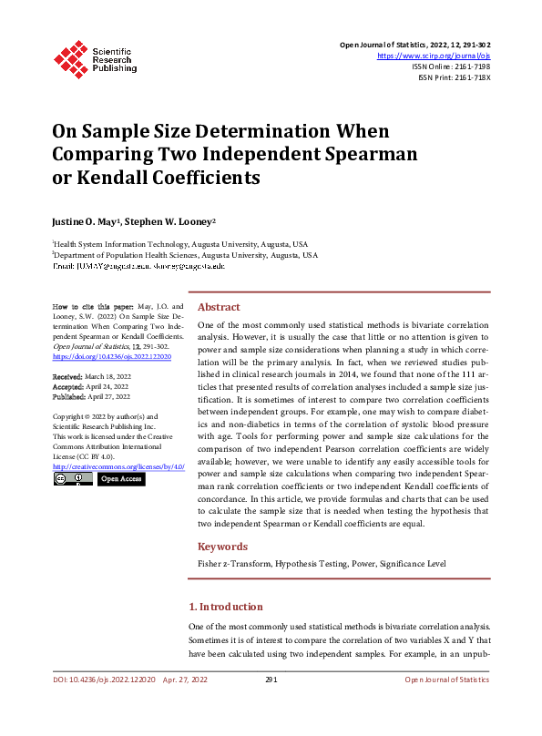 (PDF) On Sample Size Determination When Comparing Two Independent Spearman or Kendall Coefficients
