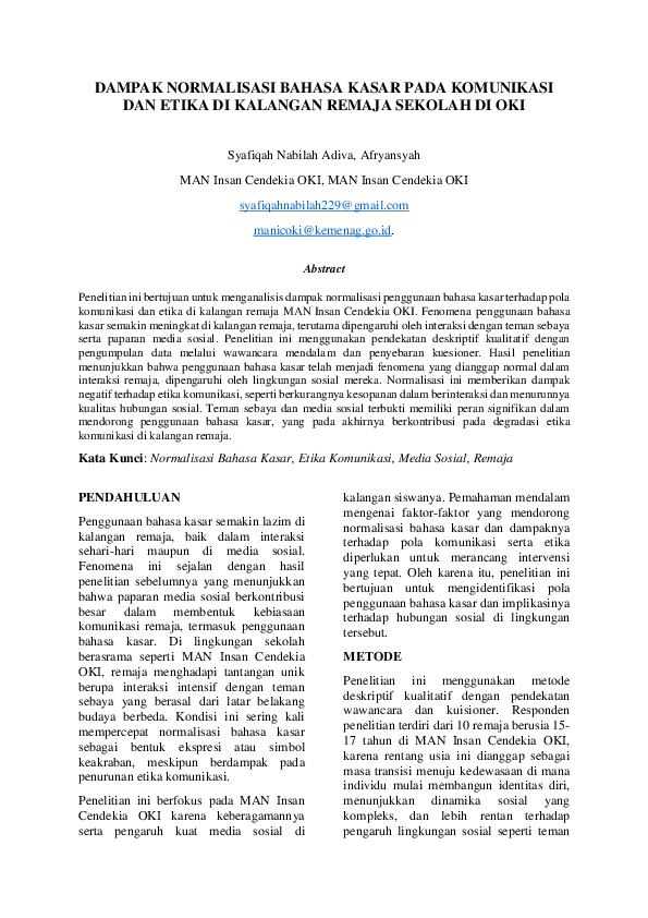 (PDF) Dampak Normalisasi Bahasa Kasar Di Kalangan Remaja Sekolah Di OKI ...
