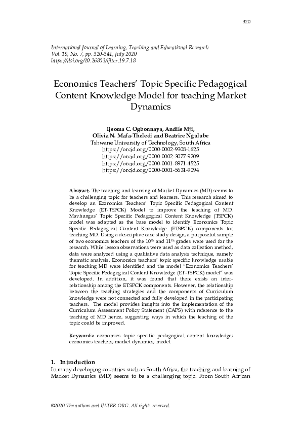 (PDF) Economics Teachers’ Topic Specific Pedagogical Content Knowledge ...