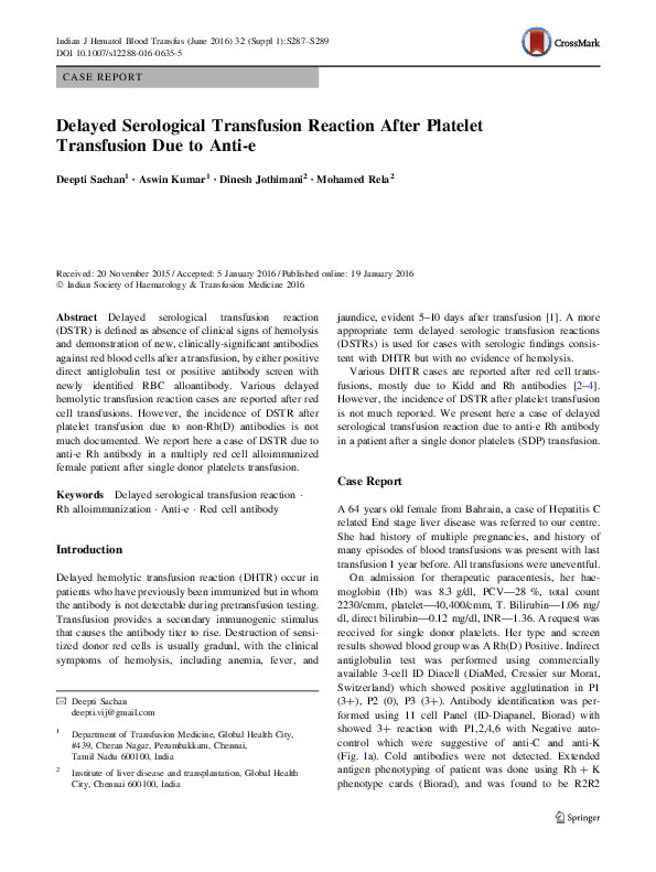 (PDF) Delayed Serological Transfusion Reaction After Platelet ...
