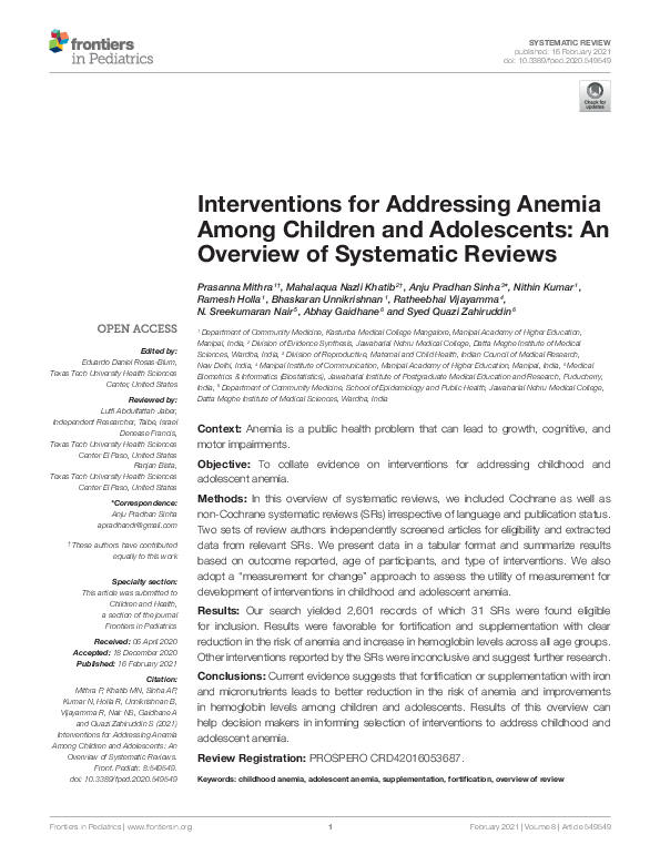 (PDF) Interventions for Addressing Anemia Among Children and ...