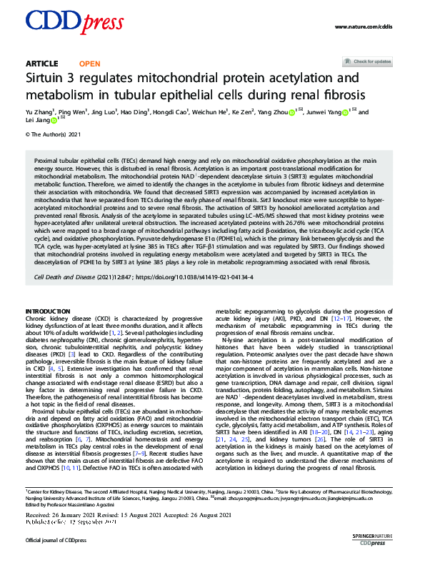 (PDF) Sirtuin 3 regulates mitochondrial protein acetylation and ...