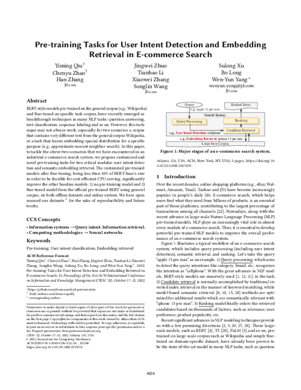 (PDF) Pre-training Tasks for User Intent Detection and Embedding Retrieval in E-commerce Search