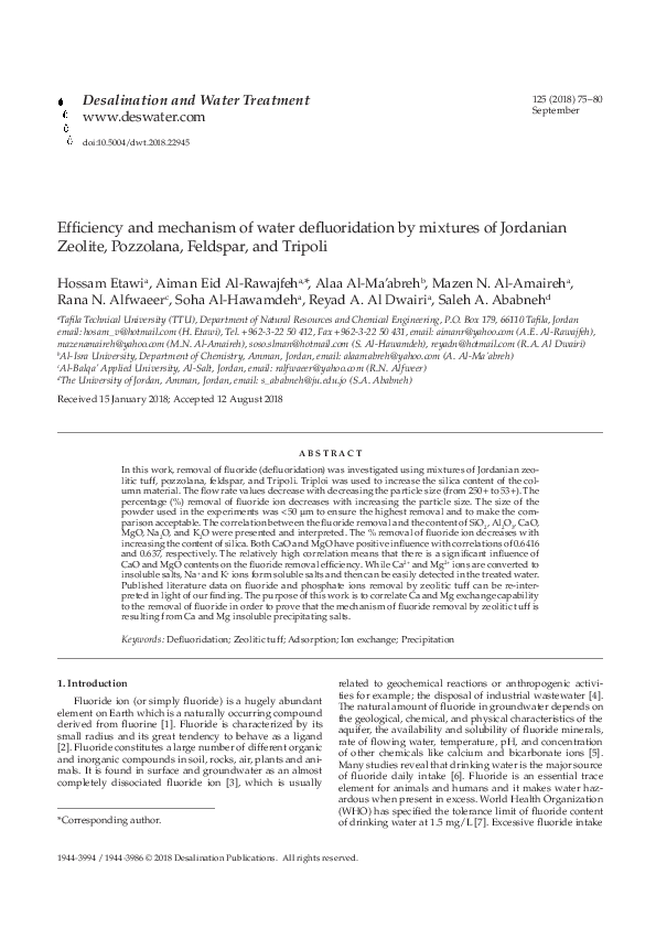 (PDF) Efficiency and mechanism of water defluoridation by mixtures of ...