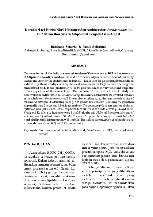 (PDF) Karakterisasi Enzim Nitril Hidratase dan Amidase dari Pseudomonas ...