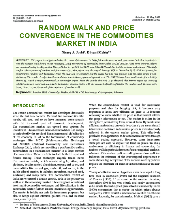 (PDF) Random Walk and Price Convergence in the Commodities Market in India