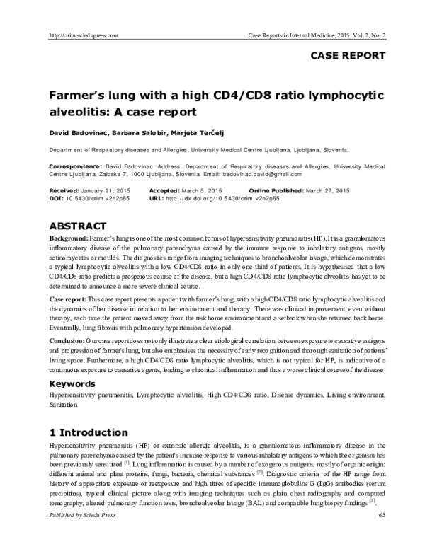 (PDF) Farmer’s lung with a high CD4/CD8 ratio lymphocytic alveolitis: A ...