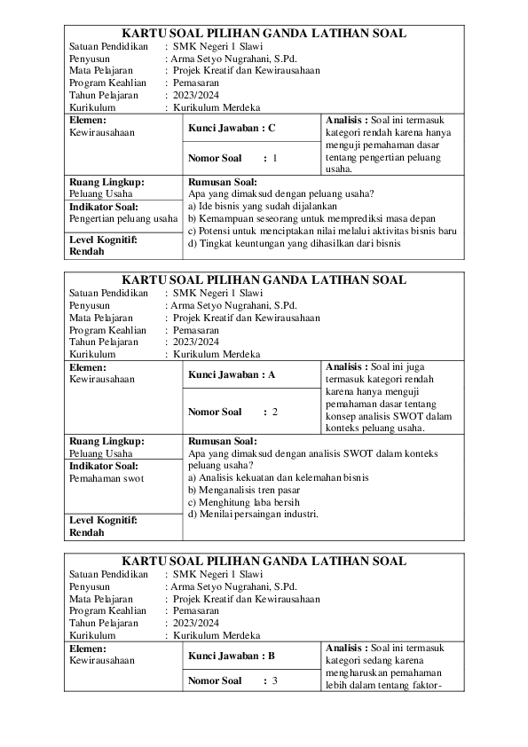 (PDF) Kisi Kisi dan Kartu Soal PROJEK KREATIF DAN KEWIRAUSAHAAN - ARMA SETYO NUGRAHANI - SMK ...