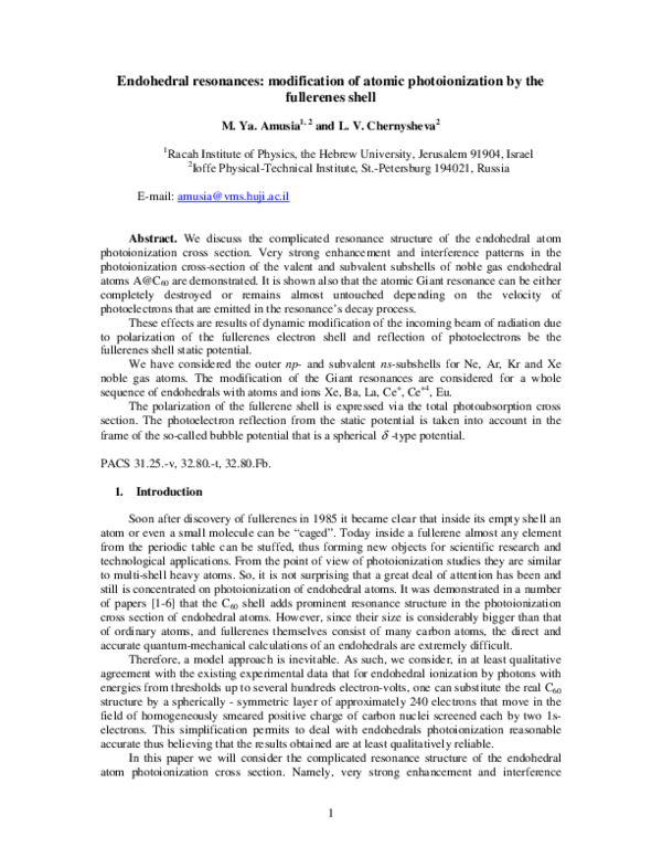 (PDF) Endohedral resonances: modification of atomic photoionization by the fullerenes shell