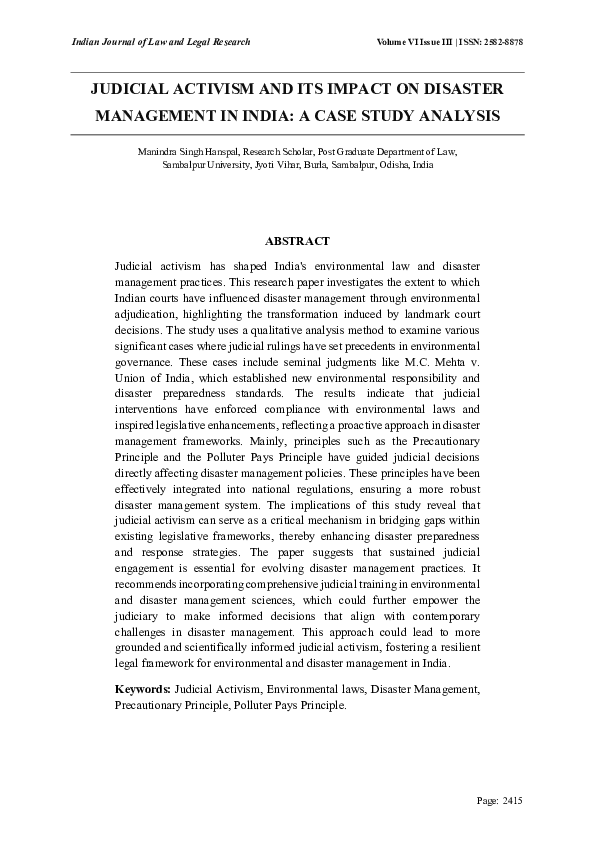(PDF) JUDICIAL ACTIVISM AND ITS IMPACT ON DISASTER MANAGEMENT IN INDIA ...