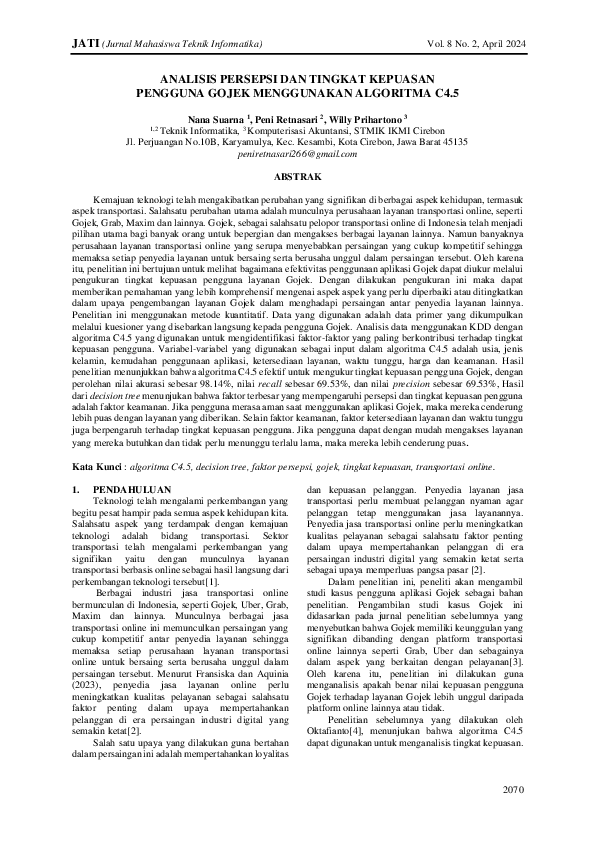 (PDF) Analisis Persepsi Dan Tingkat Kepuasan Pengguna Gojek Menggunakan Algoritma C4.5