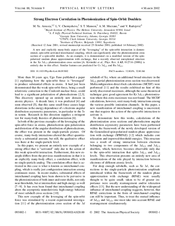 (PDF) Strong Electron Correlation in Photoionization of Spin-Orbit Doublets