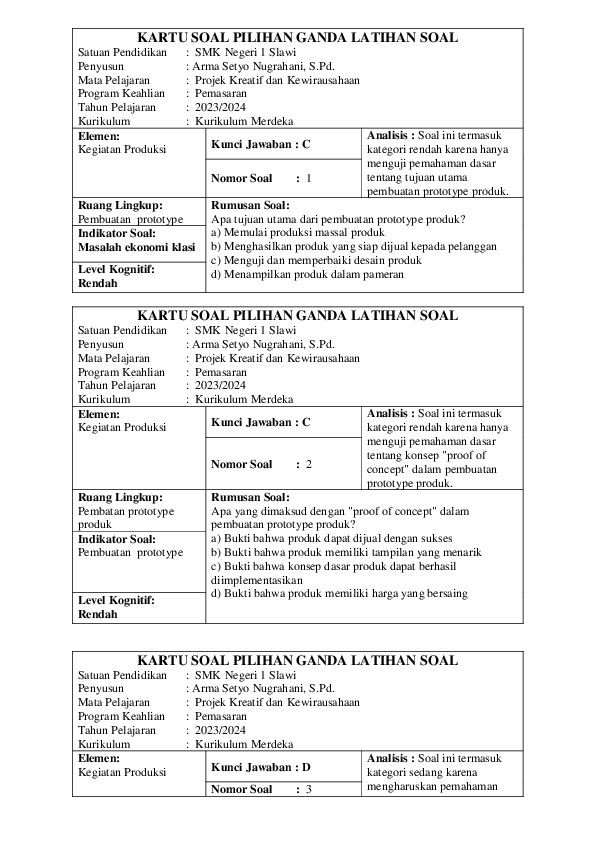 (PDF) Kisi Kisi dan Kartu Soal kwu - PROJEK KREATIF DAN KEWIRAUSAHAAN - ARMA SETYO NUGRAHANI ...