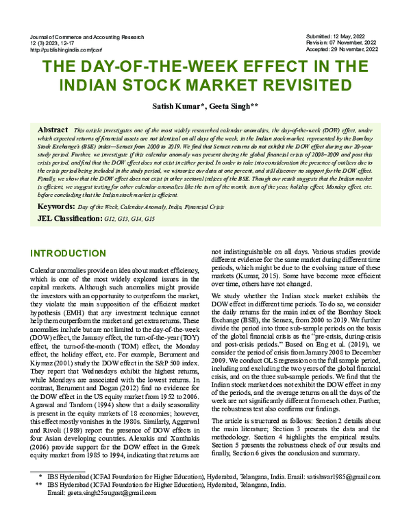 (PDF) The Day of the Week Effect in the Indian Stock Market Revisited