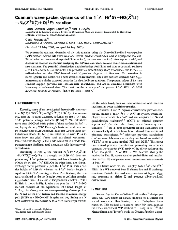 (PDF) Quantum wave packet dynamics of the 1 3A″ N(4S)+NO(X̃ 2Π)→N2(X̃ 1Σg+)+O(3P) reaction