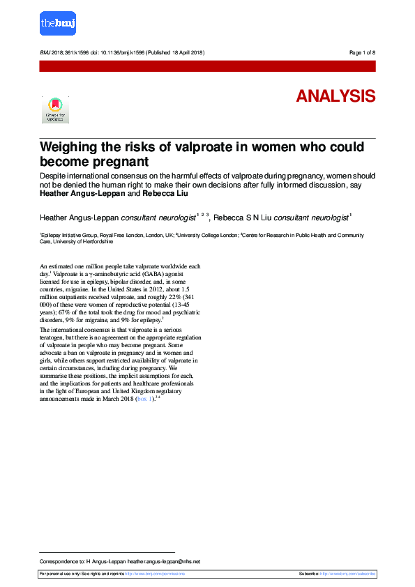 (PDF) Weighing the risks of valproate in women who could become pregnant | heather angus-leppan ...