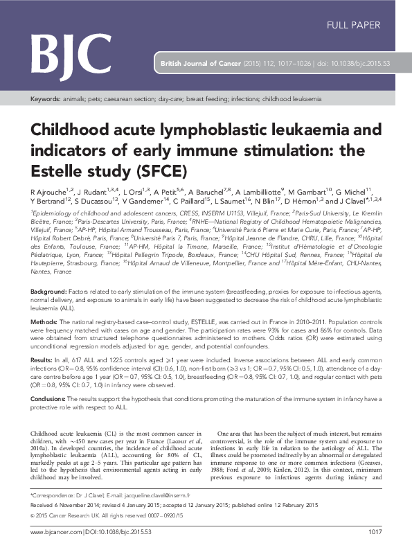 (PDF) Childhood acute lymphoblastic leukaemia and indicators of early immune stimulation: the ...