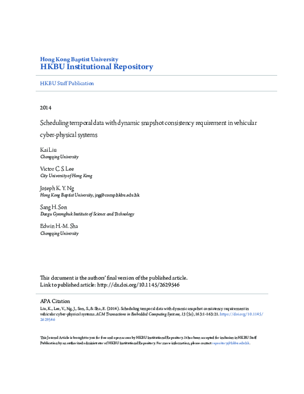 (PDF) Scheduling Temporal Data with Dynamic Snapshot Consistency Requirement in Vehicular Cyber ...