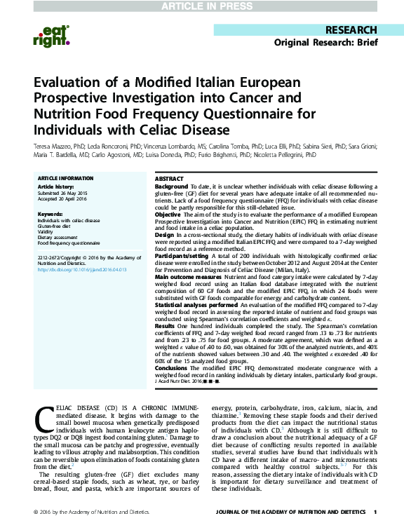 (PDF) Evaluation of a Modified Italian European Prospective ...