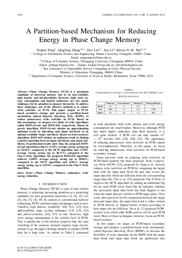(PDF) A Partition-based Mechanism for Reducing Energy in Phase Change Memory