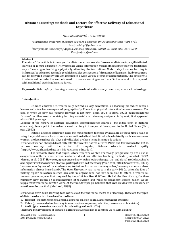 (PDF) Distance Learning: Methods and Factors for Effective Delivery of ...