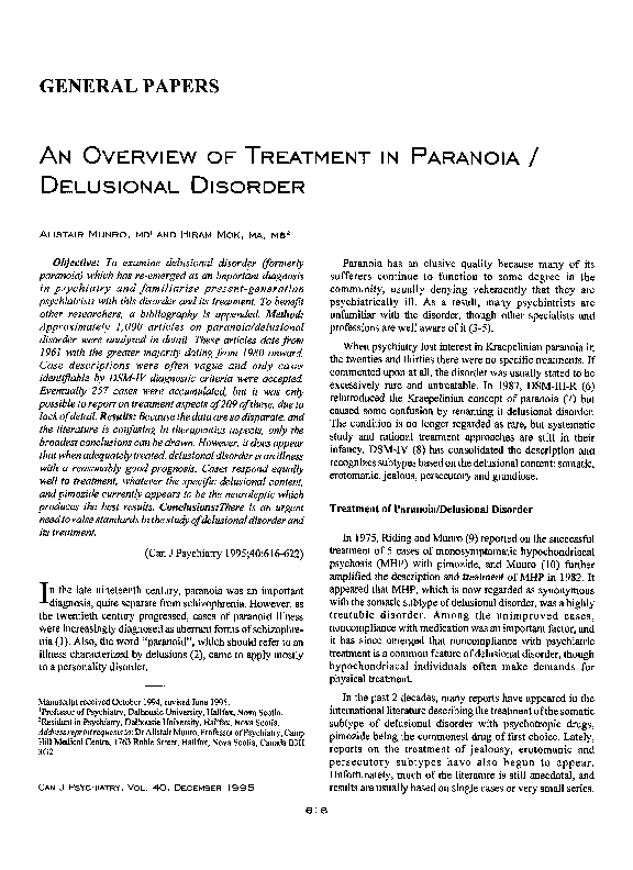 (PDF) An Overview of Treatment in Paranoia / Delusional Disorder