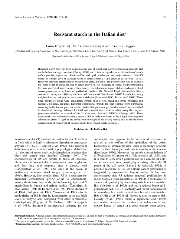 (PDF) Resistant starch in the Italian diet*