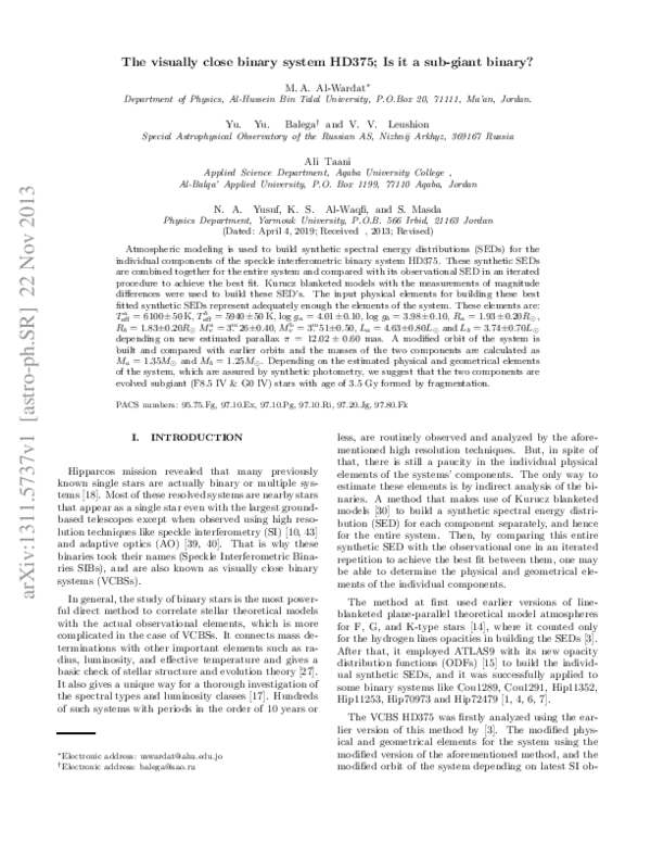 (PDF) The visually close binary system HD375; Is it a sub-giant binary?