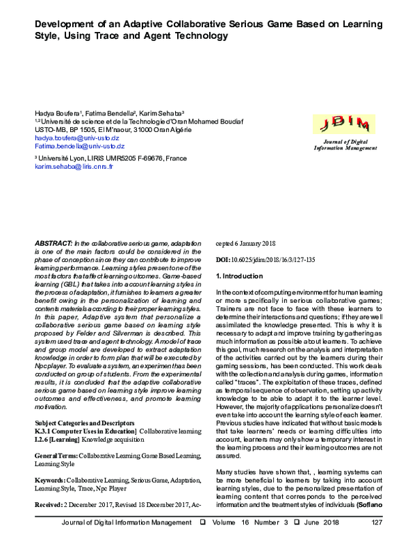 (PDF) Development of an Adaptive Collaborative Serious Game Based on Learning Style, Using Trace ...