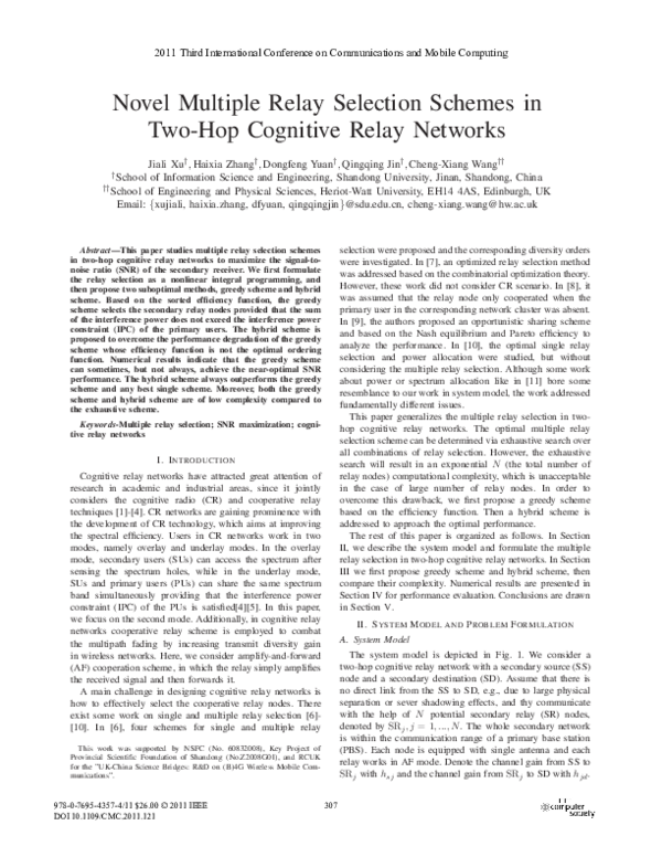 Pdf Novel Multiple Relay Selection Schemes In Two Hop Cognitive Relay Networks