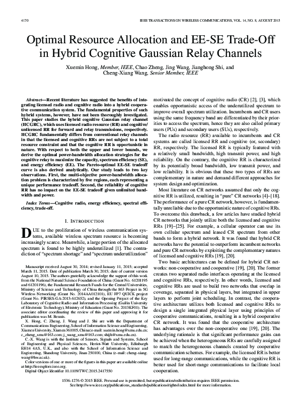 (PDF) Optimal Resource Allocation and EE-SE Trade-Off in Hybrid Cognitive Gaussian Relay Channels