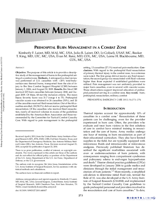(PDF) Prehospital Burn Management in a Combat Zone