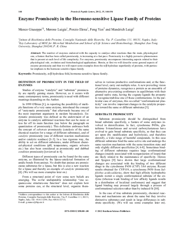 (PDF) Enzyme promiscuity in the hormone-sensitive lipase family of proteins | Merone Luigia ...