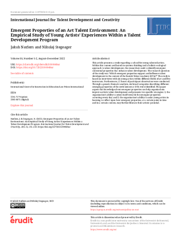 (PDF) Emergent Properties of an Art Talent Environment: An Empirical ...