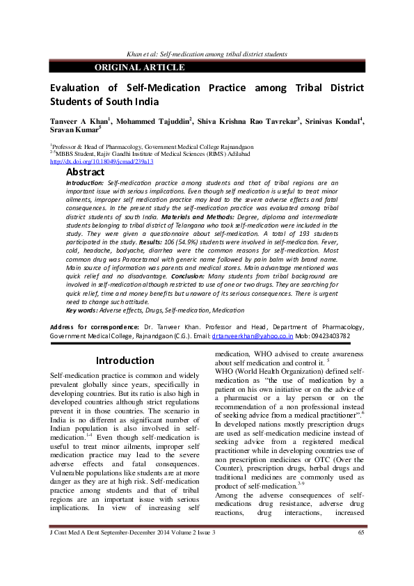 (PDF) Evaluation of Self-Medication Practice among Tribal District ...