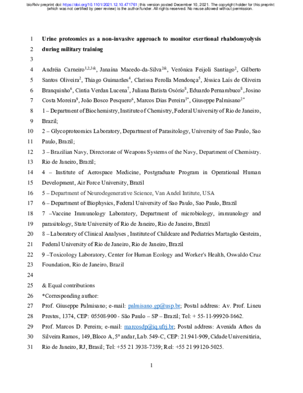 (PDF) Urine proteomics as a non-invasive approach to monitor exertional ...