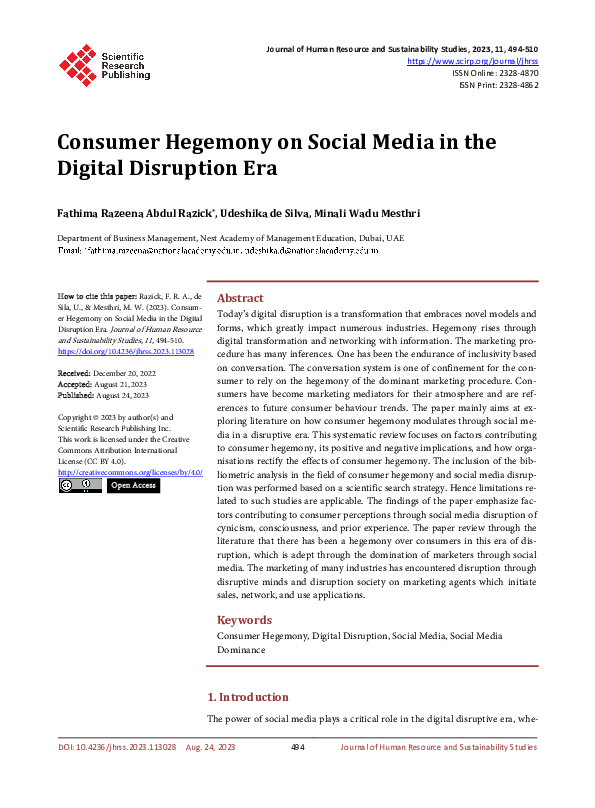 (PDF) Consumer Hegemony on Social Media in the Digital Disruption Era