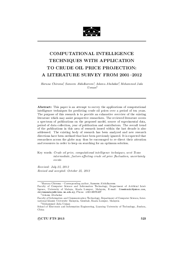 (PDF) Computational Intelligence Techniques with Application to Crude Oil Price Projection: A ...