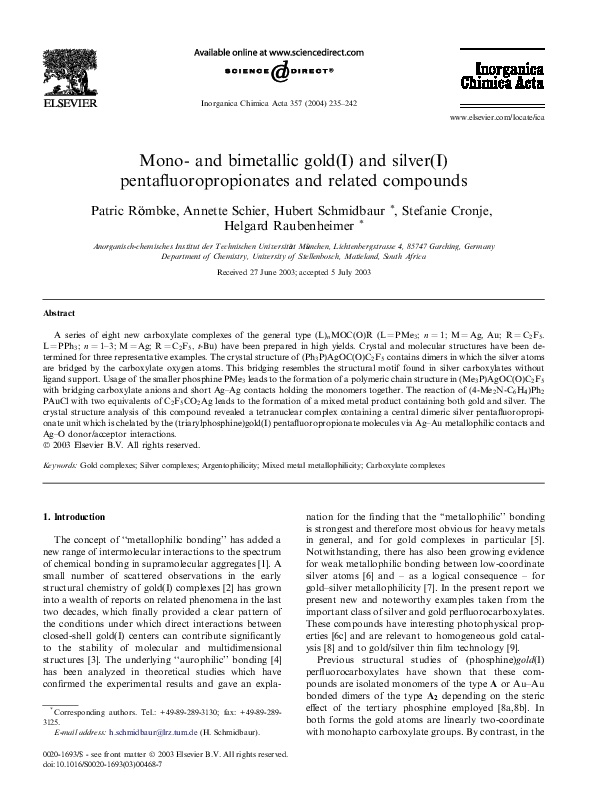 (PDF) Mono- and bimetallic gold(I) and silver(I) pentafluoropropionates ...