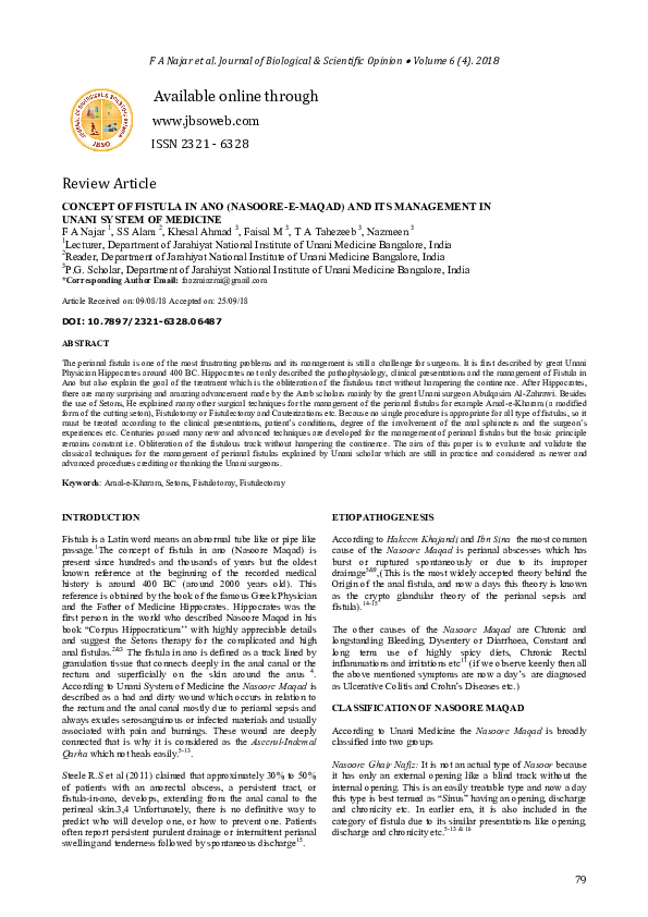 (PDF) Concept of Fistula in Ano (Nasoore-E-Maqad) and Its Management in ...