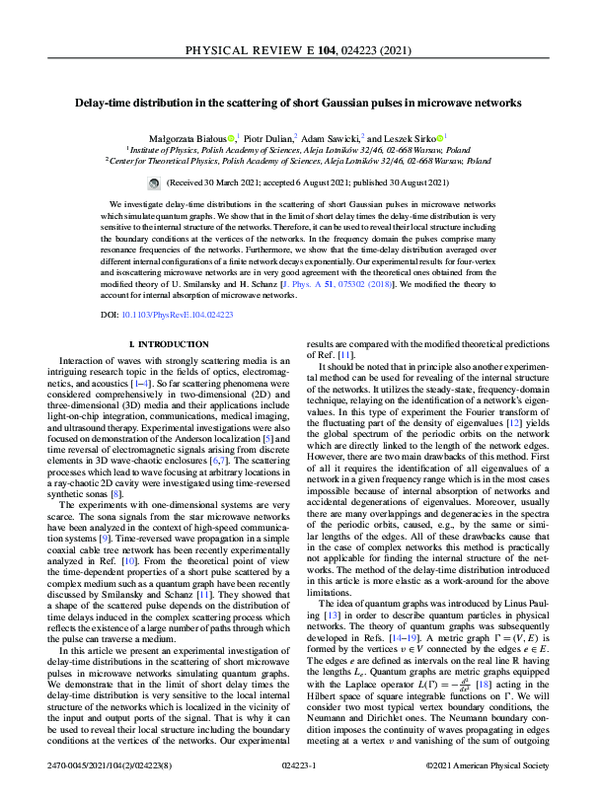 (PDF) Delay-time distribution in the scattering of short Gaussian pulses in microwave networks