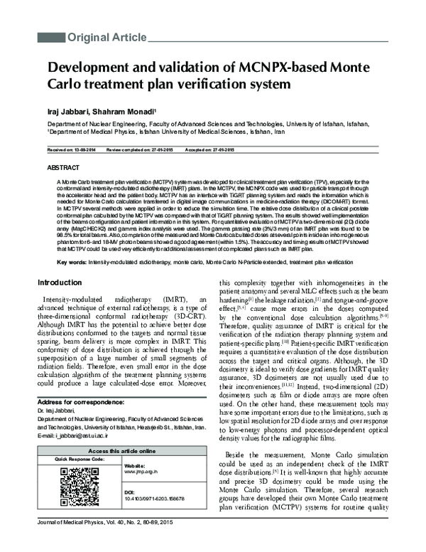 (PDF) Development and validation of MCNPX-based Monte Carlo treatment plan verification system