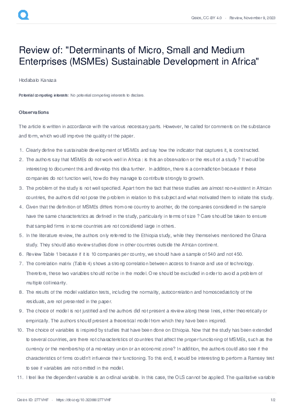 (PDF) Review of: "Determinants of Micro, Small and Medium Enterprises (MSMEs) Sustainable ...
