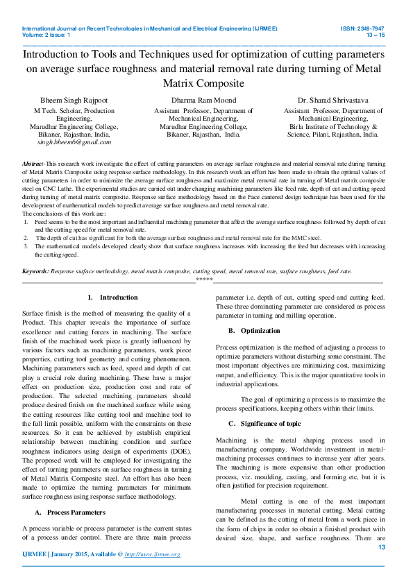 (PDF) Techniques used for optimization of cutting parameters on average surface roughness and ...