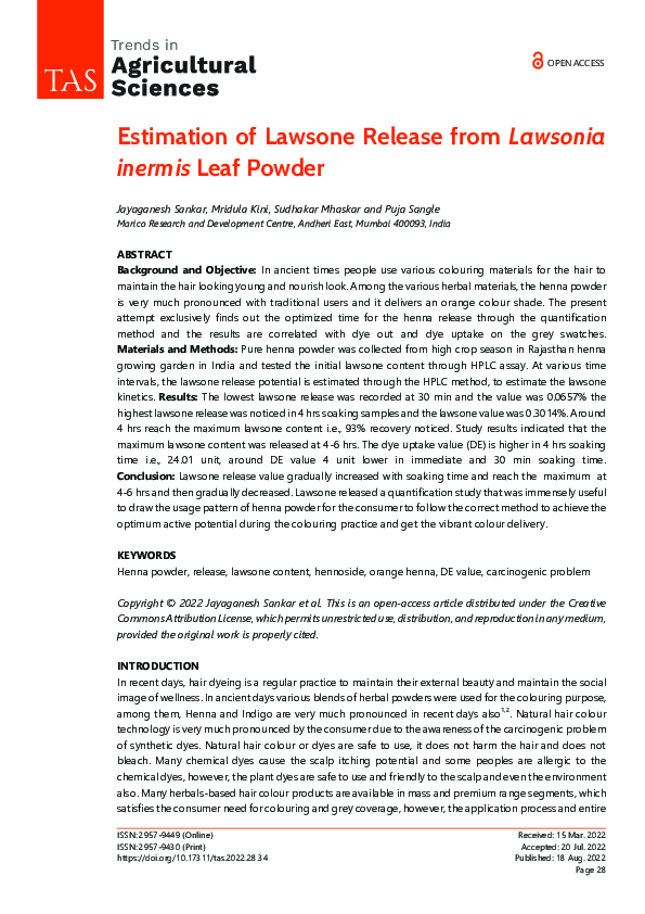 (PDF) Estimation of Lawsone Release from Lawsonia inermis Leaf Powder